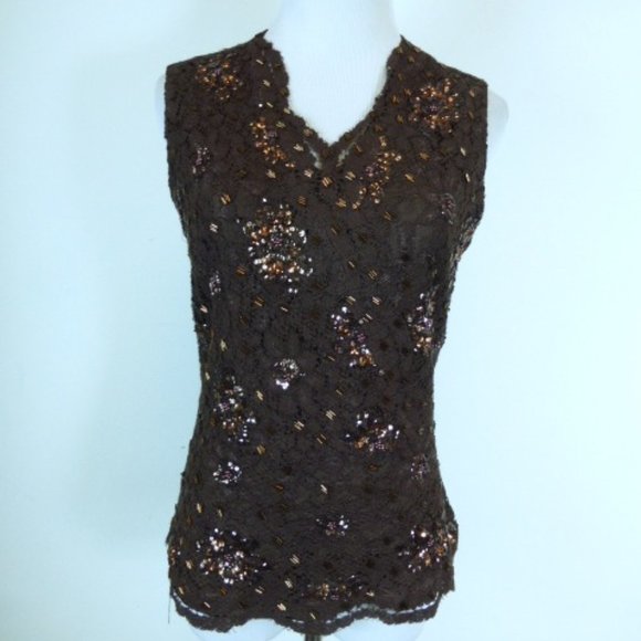 Magaschoni | Tops | Magaschoni Mag Brown Copper Lace Sequin Top ...